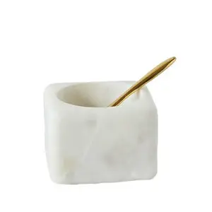 STORIED HOME Square Marble Bowl With Brass Spoon - White