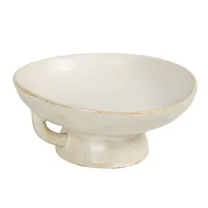 STORIED HOME Stoneware Footed Pedestal/bowl With Handles, Reactive Glaze - White