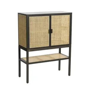 STORIED HOME Boho Woven Rattan And Wood Cabinet With 2 Doors, 1 Shelf, And 4 Interior Storage Compartments - Grey