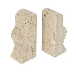 STORIED HOME Decorative Travertine Wave Bookends - Natural
