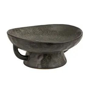 STORIED HOME Stoneware Footed Pedestal Bowl With Handles, Reactive Glaze - Black