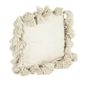 STORIED HOME Cotton Slub Pillow With Crochet And Tassels - Cream