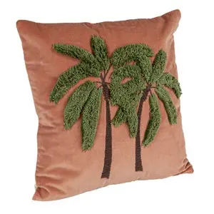 STORIED HOME Tropical Embroidered Velvet Pillow - Pink