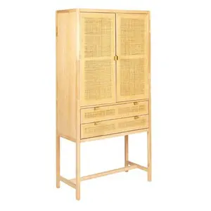 STORIED HOME Woven Cane And Wood Cabinet With Doors And Drawers - Natural