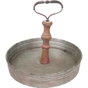 STORIED HOME Round Metal & Wood Tray With Handle - Silver