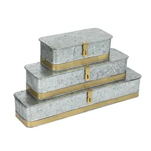STORIED HOME Decorative Metal Boxes With Lid, Galvanized Metal With Gold Band - Silver
