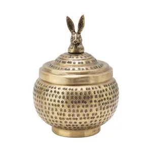 STORIED HOME Round Hammered Metal Container With Rabbit Finial - Brass