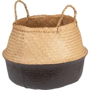 STORIED HOME Handwoven Seagrass Basket Storage With Handles - Black