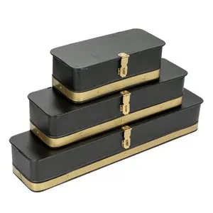 STORIED HOME Decorative Metal Boxes With Lid, With Gold Band - Black