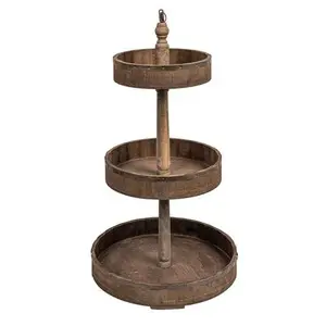 STORIED HOME Decorative Wood & Tin 3 Tier Tray - Brown