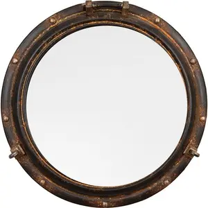 STORIED HOME Round Metal Porthole Wall Mirror - Brown
