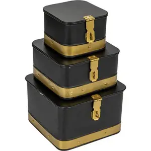 STORIED HOME Decorative Metal Boxes With Lid, With Gold Band - Black