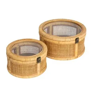 STORIED HOME Rattan And Wood Nestable Round Storage With Glass Lids - Natural