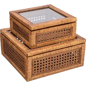 STORIED HOME Modern Decorative Square Woven Rattan And Wood Display Boxes With Glass Top, Set Of 2 Sizes - Brown
