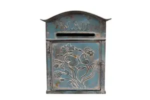 STORIED HOME Distressed Embossed Tin "mail" Box - Blue