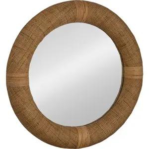 STORIED HOME Handwoven Rattan Cane Round Wall Mirror - Natural