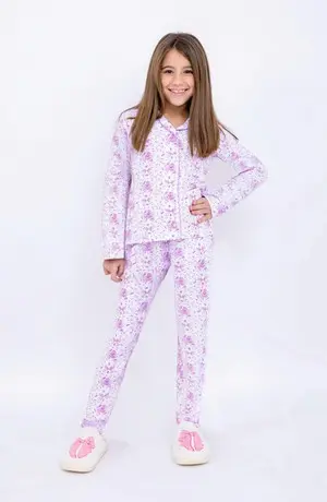 PREPPY GOOSE Printed Jersey Long Sleeve Pajama Pant Set - Purple