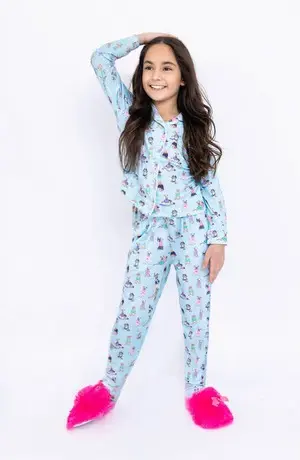 PREPPY GOOSE Puppy Printed Jersey Long Sleeve Pajama Pant Set - Light Blue