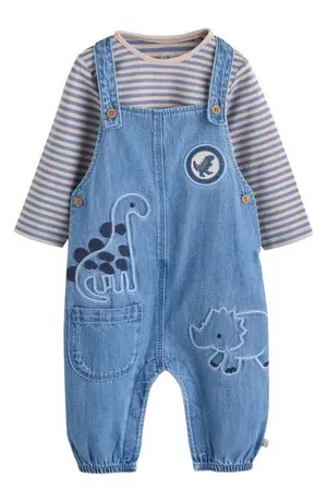NEXT Dinosaur Denim Overalls & Stripe Top Set