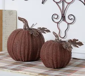 VALERIE PARR HILL As Is Set/2 Basketweave Pumpkins W/metal Leaves- Valerie - One-color