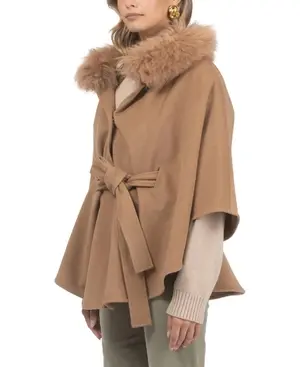 Gorski Wool Belted Cape With Lamb Collar - Camel