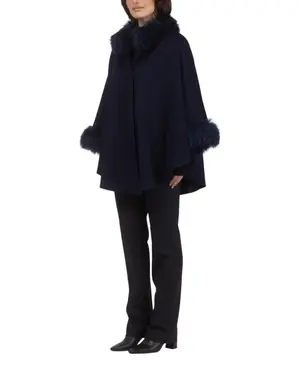 Gorski Cashmere And Wool Cape With Lamb Trim - Navy