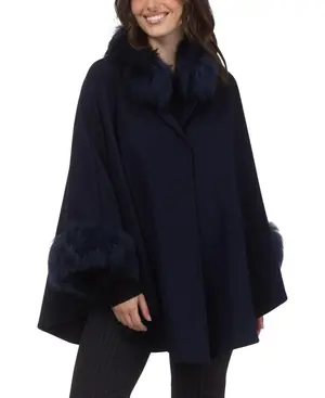 Gorski Cashmere And Wool Cape With Lamb Trim - Navy