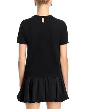 Aqua Embellished Bow Short Sleeve Sweater - Black