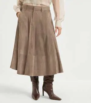 Brunello Cucinelli Suede Midi Skirt - Brown