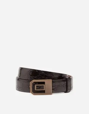 Dolce & Gabbana Shiny Crocodile Skin Belt With Enameled Buckle - Black