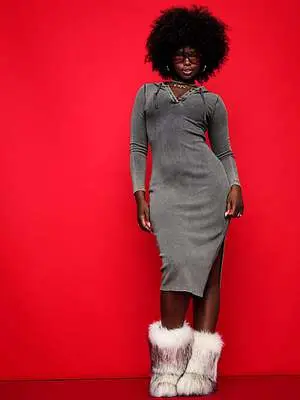 Pink Ribbed Henley Hoodie Midi Dress