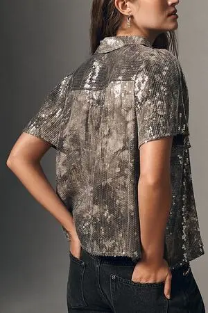 PILCRO Short-sleeve Sequin Buttondown Blouse