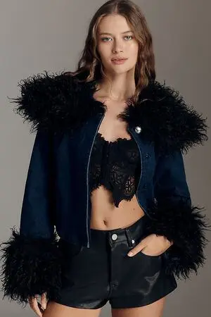 TT STUDIOS Kimmy Faux Fur Trim Crop Jacket - Dark Denim