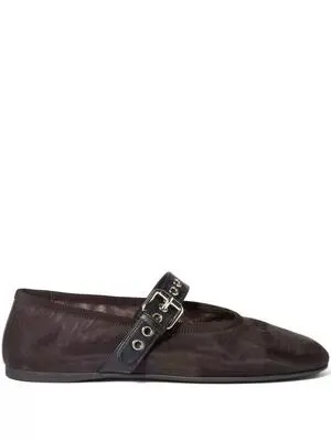 Miu Miu Embroidered Logo Buckle Ballet Flats - Brown