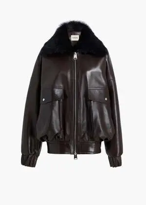Khaite Daemon Leather Jacket With Shearling Collar - Mud