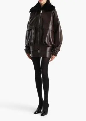Khaite Daemon Leather Jacket With Shearling Collar - Mud