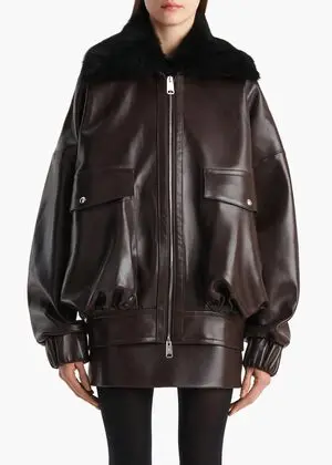 Khaite Daemon Leather Jacket With Shearling Collar - Mud