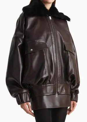 Khaite Daemon Leather Jacket With Shearling Collar - Mud