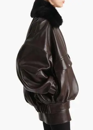 Khaite Daemon Leather Jacket With Shearling Collar - Mud