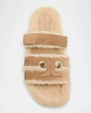 Tory Burch Ines Shearling Sport Slide Sandals - Beige