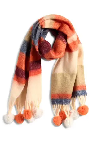 Tasha Stripe Scarf With Faux Fur Pom Fringe