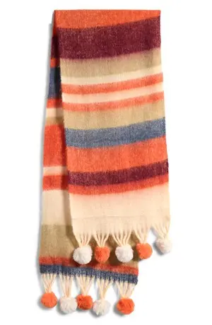 Tasha Stripe Scarf With Faux Fur Pom Fringe