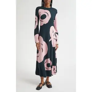 Marimekko Floral Long-sleeve Sweater Dress - Dark Green/ Light Pink