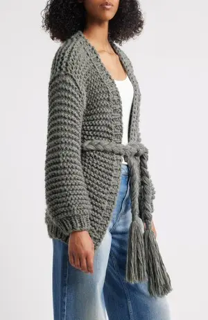 ROFFE ACCESSORIES Chunky Knit Cardigan With Belt - Sage