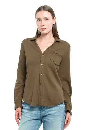 WILT CLOTHING Button Front Sweatshirt With Patch Pocket - Dark Olive
