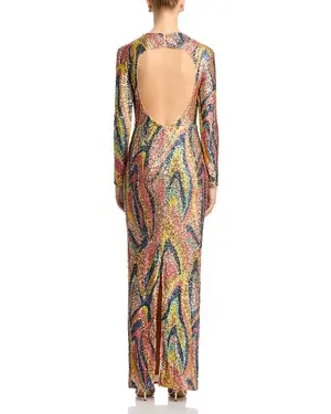 Aqua Long Sleeve Sequin Swirl Maxi Dress