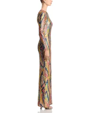 Aqua Long Sleeve Sequin Swirl Maxi Dress