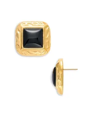 Aqua Square Stone Framed Stud Earrings - Black/gold
