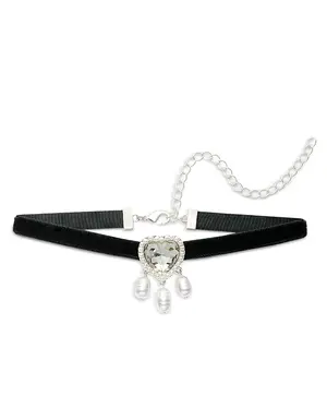 Aqua Rhinestone Heart & Imitation Pearl Charm Velvet Ribbon Choker Necklace - Silver