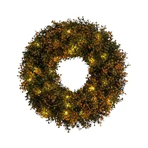 NEARLY NATURAL Pre-lit Autumn Boxwood Artificial Fall 18' Wreath With Warm White Led Lights - Orange